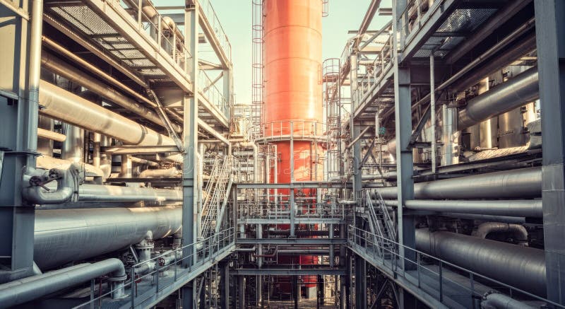 Industrial Refinery Structure with Steel Pipes and Towers in an Urban ...
