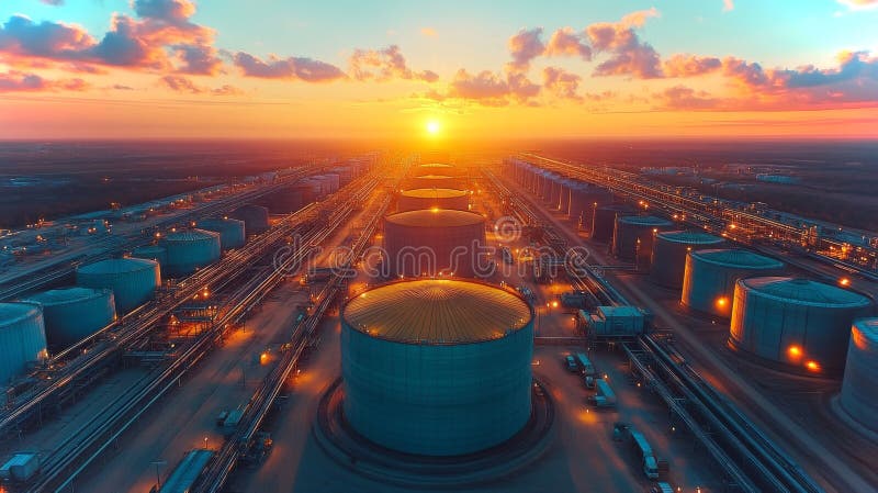 Industrial Refinery at Sunset with Automated Storage Tanks and ...