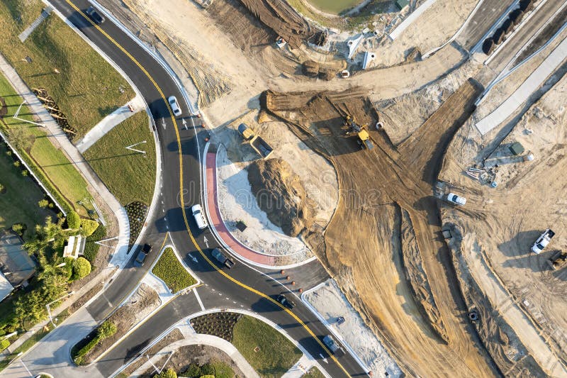 Industrial Roadworks. Roundabout on Wide American Highway Under ...