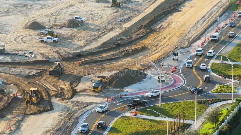Industrial Roadworks. Roundabout on Wide American Highway Under ...