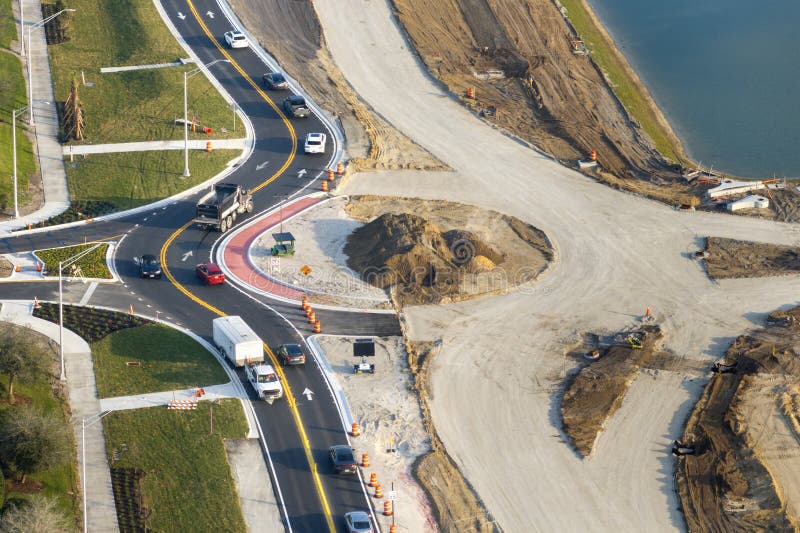 Industrial Roadworks. Roundabout on Wide American Highway Under ...