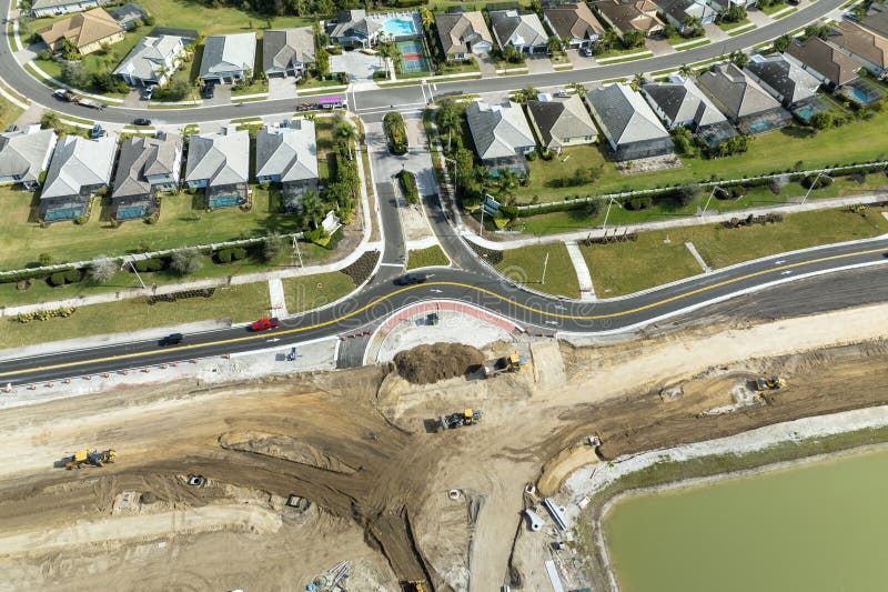 Industrial Roadworks. Roundabout on Wide American Highway Under ...