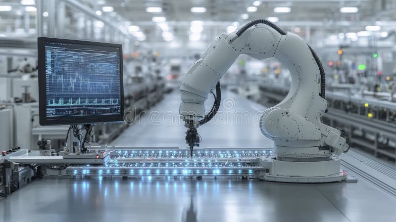 Industrial Robot Arm Amid Blue Illuminated Workspace Stock Illustration ...