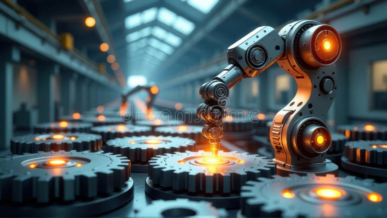 Industrial Robot Arm Assembling Gears. Stock Illustration ...