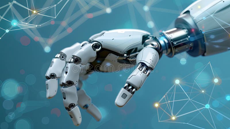 An Industrial Robot Arm on a Blue Background with Network Connections ...