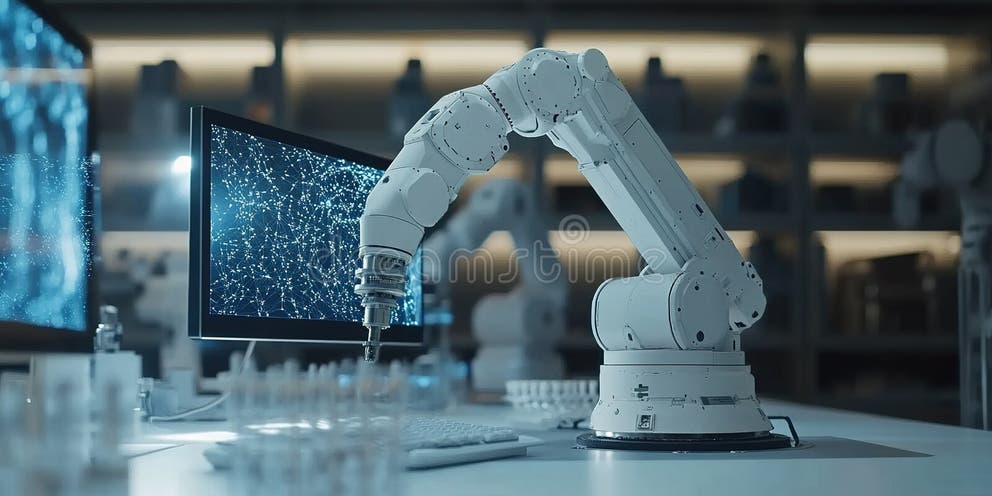 Industrial Robot Arm Working with a Computer in a Modern Automated Lab ...