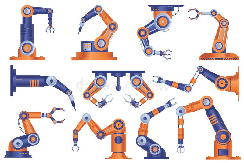 Industrial Robot Arms Set Graphic Elements in Flat Design. Stock ...
