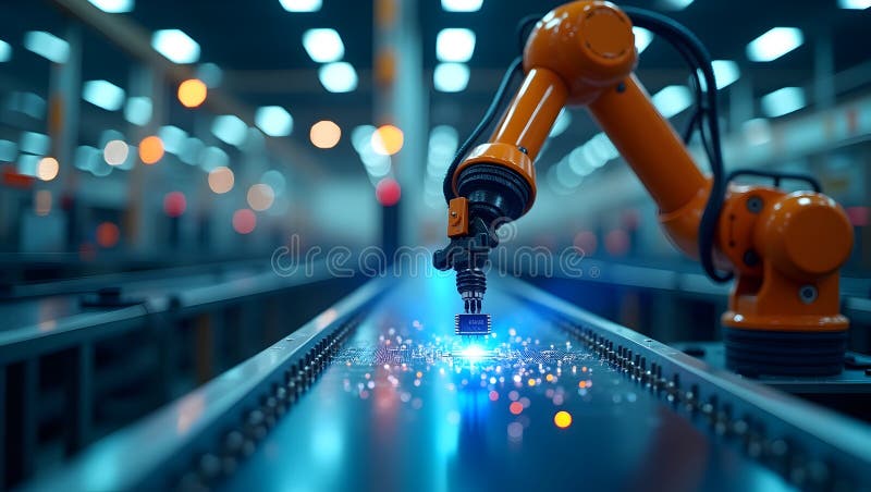 Industrial Robot Assembling Circuit Board on Conveyor Belt Stock Photo ...