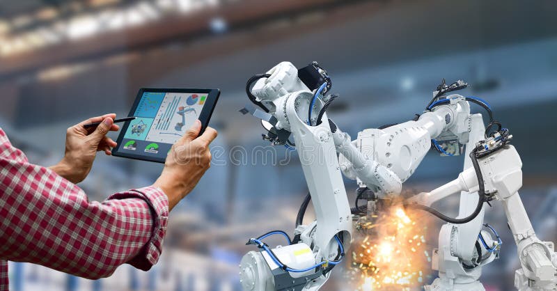 Industrial Robot Operator Factory Holding Tablet Stock Photo - Image of ...
