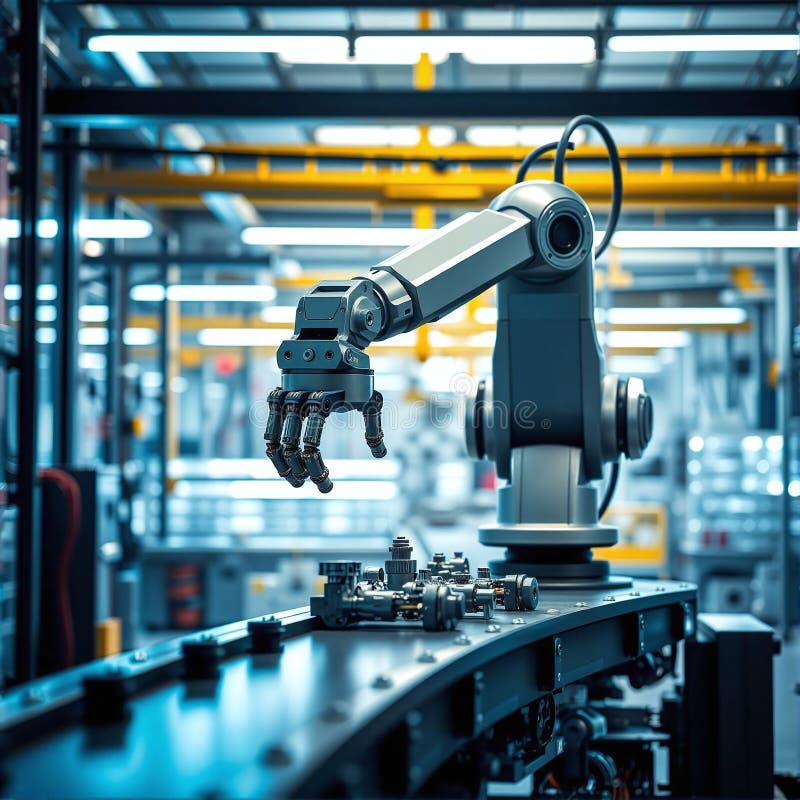 Industrial Robotic Arm Assembling Components in a Modern Manufacturing ...