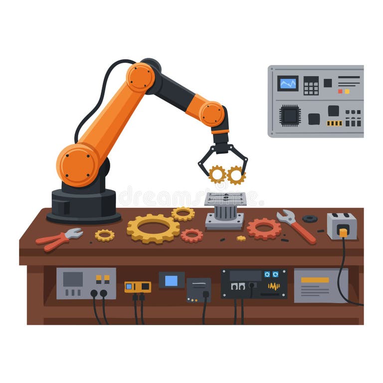 Industrial Robotic Arm Assembling Gears on Workbench with Electronic ...