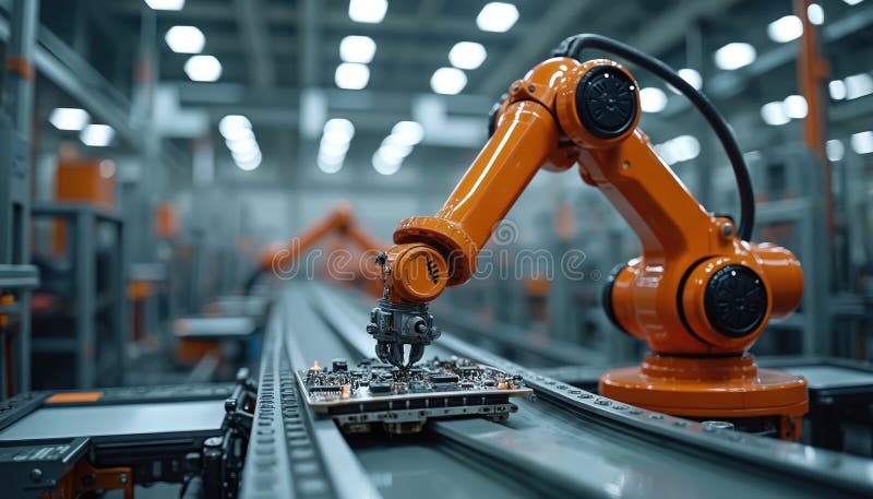Industrial Robotic Arm Assembling a High-tech Gadget on a Conveyor Belt ...