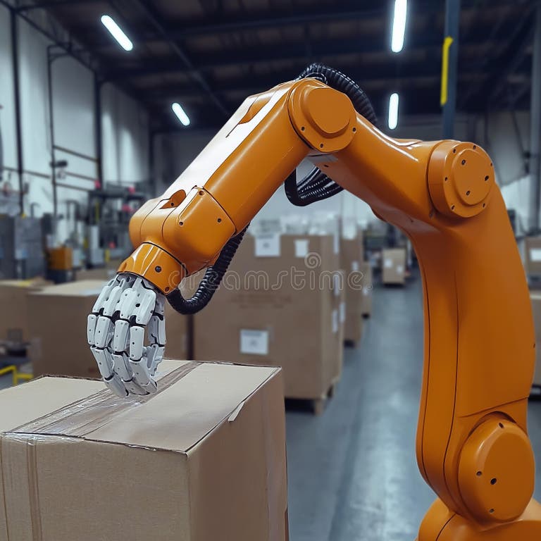 Industrial Robotic Arm Handling Boxes in a Warehouse Setting Stock ...
