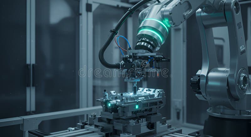 Ultra-HD Macro Shot of an Industrial Robotic Arm Assembling Intricate ...