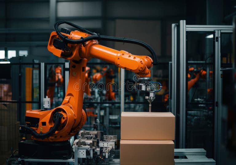 Industrial Robotic Arm Packaging Boxes in a Modern Warehouse Setting ...