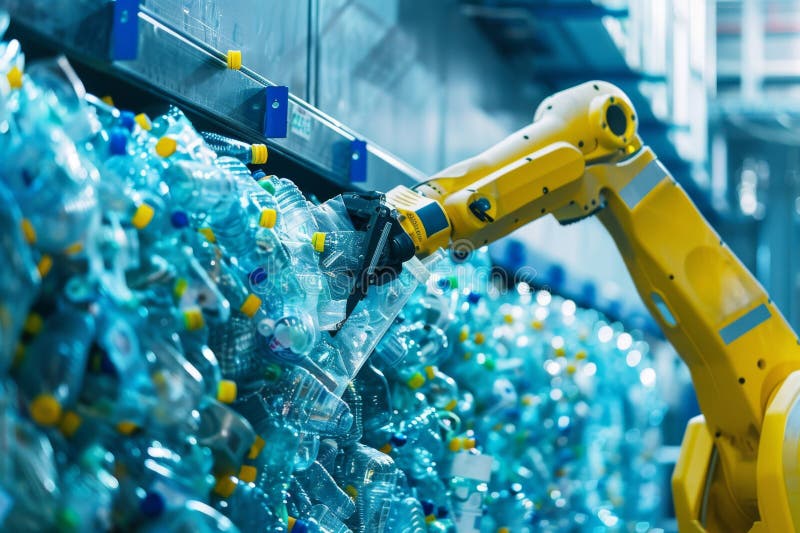 Industrial Robotic Arm Sorting Plastic Bottles at a Recycling Facility ...
