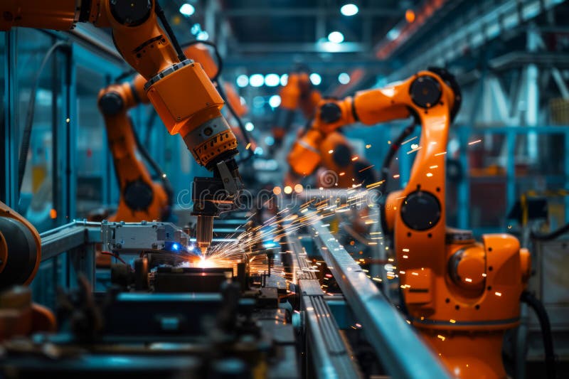 Robotic Arm Performing a Welding Task with Sparks Flying in an ...