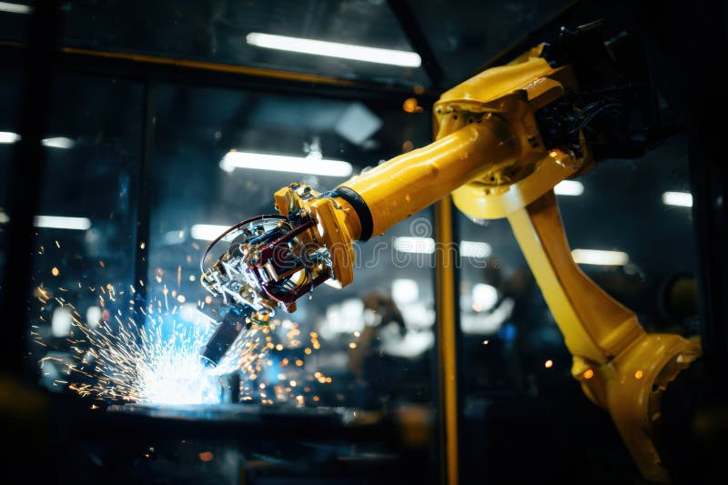 Industrial Robotic Arm Welding with Sparks in Factory Setting. Stock ...
