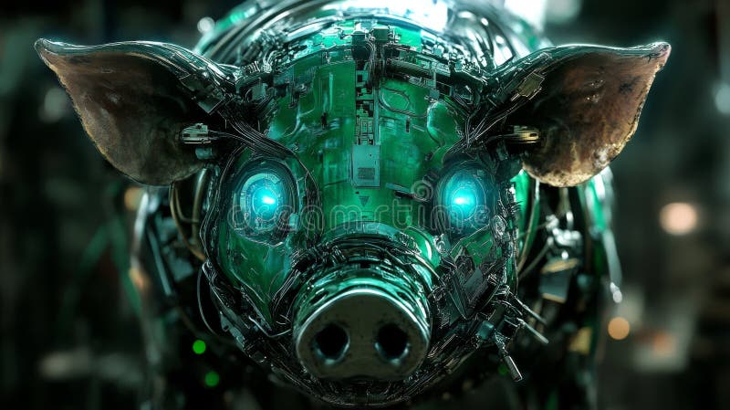 Industrial Robotic Pig with Glowing Eyes in Dark Setting Stock Photo ...