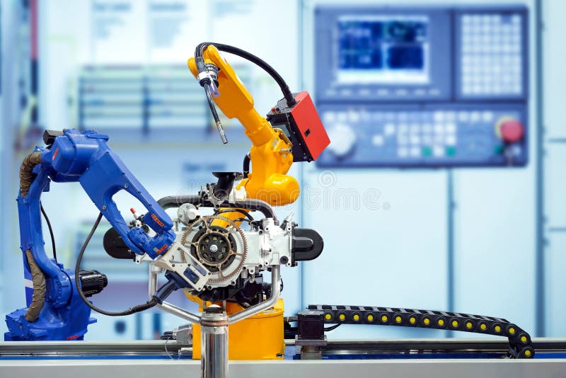 Industrial Robotic Teamwork Working on Smart Factory 4.0 Concept Stock ...