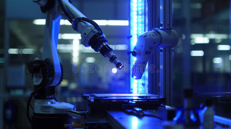 Industrial Robotics Arm in Action at Nighttime Stock Photo - Image of ...