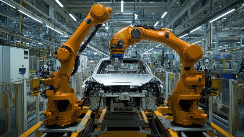 Industrial Robots Assembling a Car in a Manufacturing Facility Stock ...