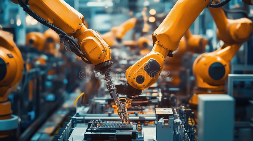Industrial Robots Assembling Electronics in Factory Environment Stock ...