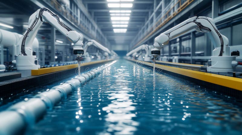 Industrial Robots in Automated Water Based Manufacturing Process Stock ...