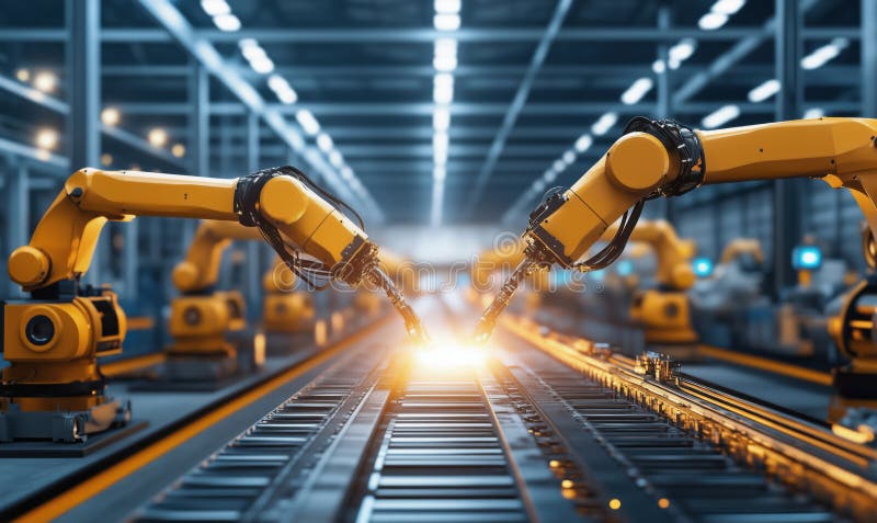 Industrial Robots Welding Automated Manufacturing Facility Showcasing ...