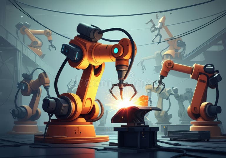 Industrial Robots Welding in a Modern Manufacturing Facility Stock ...