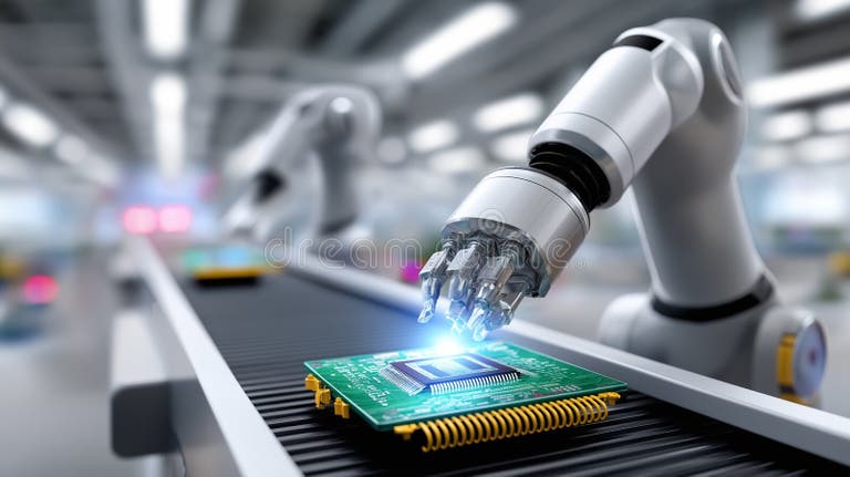 Industrial Robots Work on Assembly Line, Placing Microchips Onto ...