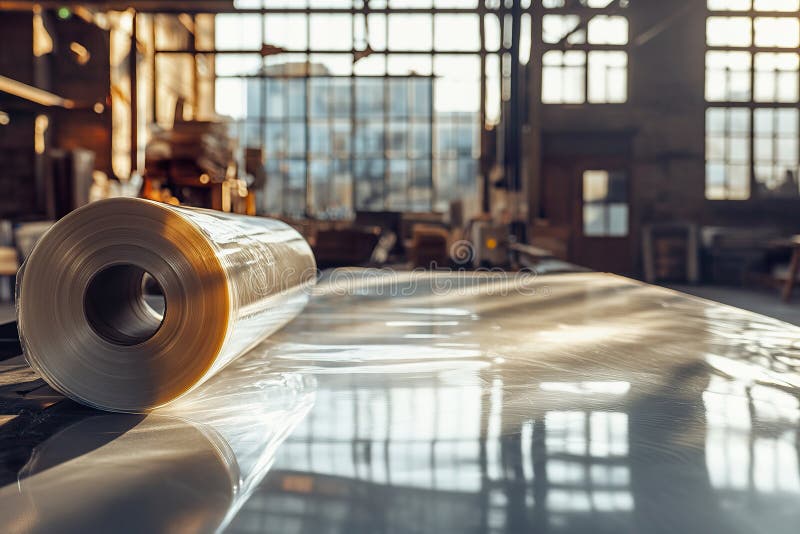 Industrial Roll of Plastic Film in Sunlit Warehouse Setting Stock Image ...