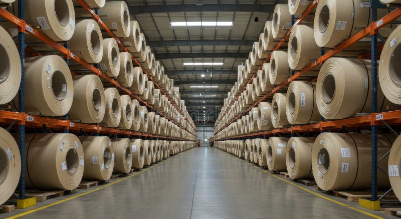Industrial Roll Storage Facility Rows of Large Industrial Material ...