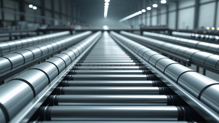 Industrial Roller Conveyor System with Metal Rollers in Warehouse ...