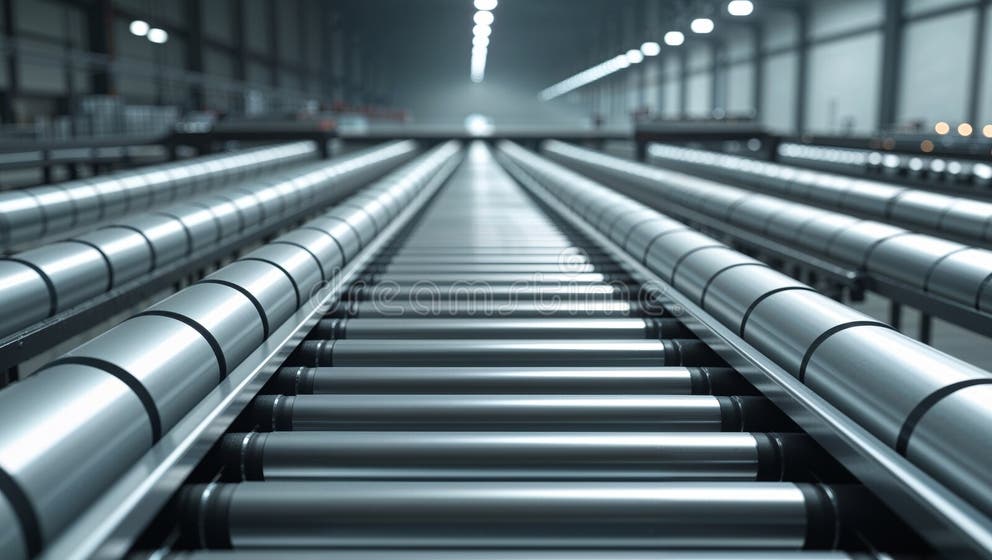 Industrial Roller Conveyor System with Metal Rollers in Warehouse ...