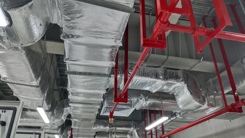 Industrial Facility Interior with HVAC Ducts and Electrical Panels ...
