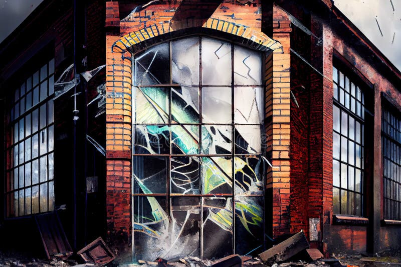 Industrial Ruin with Graffiti, Broken Windows and Shattered Glass Stock ...