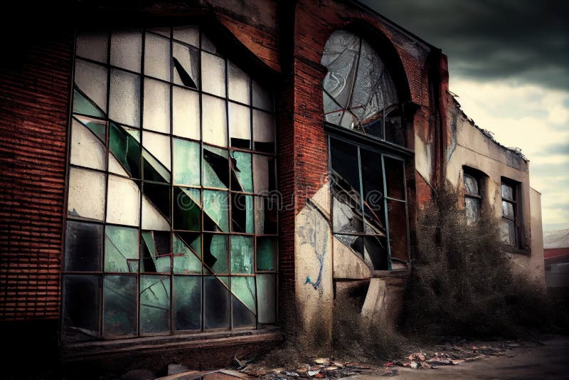 Industrial Ruin with Graffiti, Broken Windows and Shattered Glass Stock ...