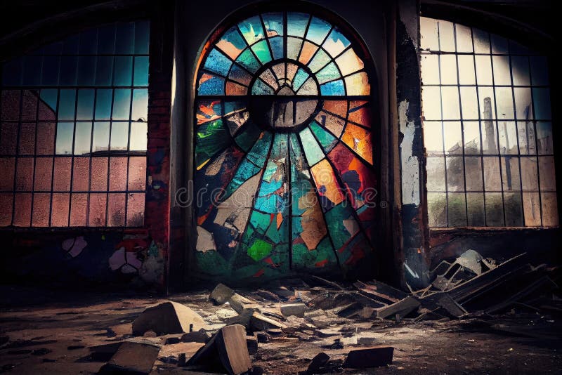 Industrial Ruin with Graffiti, Broken Windows and Shattered Glass Stock ...