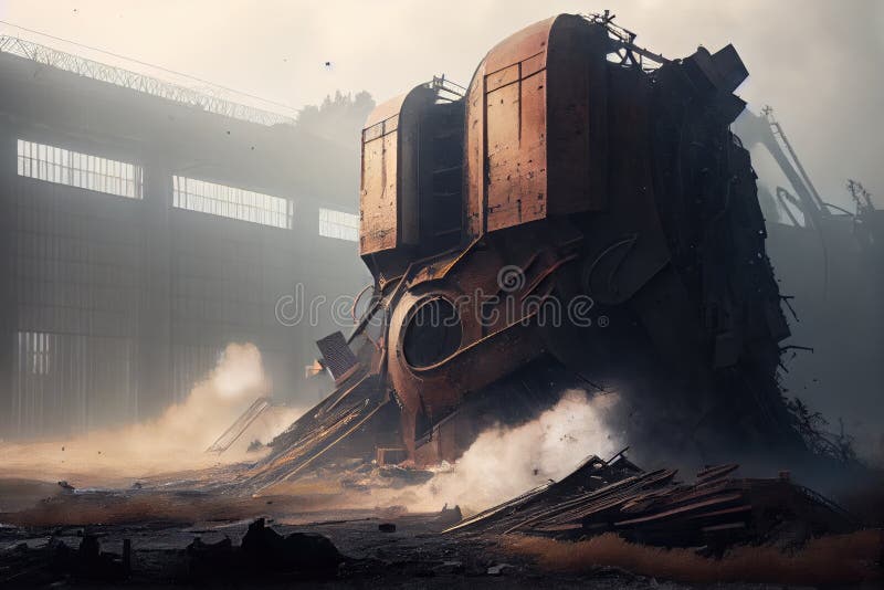 Industrial Ruin in the Mist, with Fog Rolling Over the Broken Machinery ...