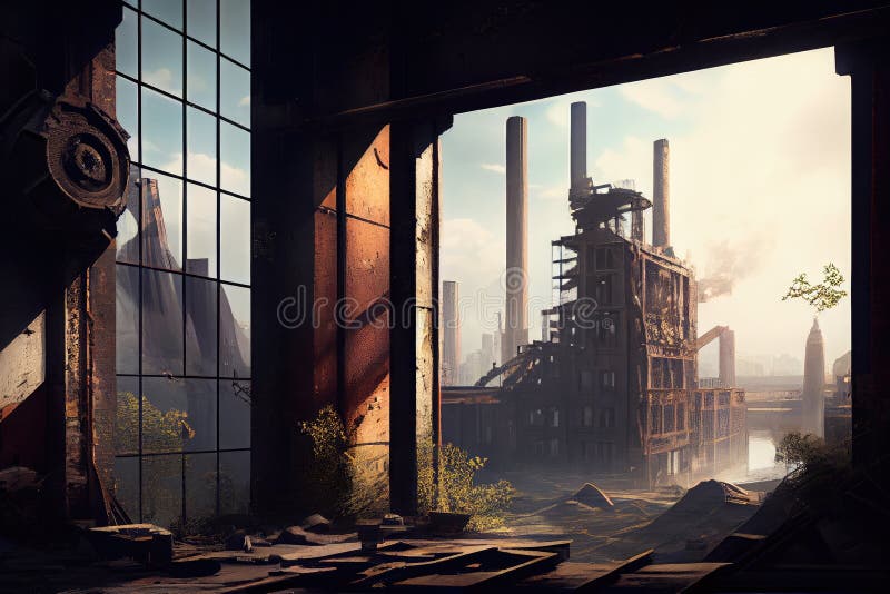 Industrial Ruin, with View of the City Skyline, Showing How Industry ...
