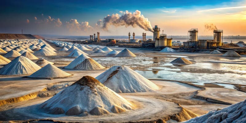 Industrial Salt Production Facility at Sunset Rows of Conical Salt ...