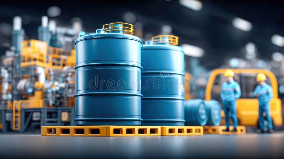 Industrial Scene Featuring Blue Barrels and Workers in a Manufacturing ...