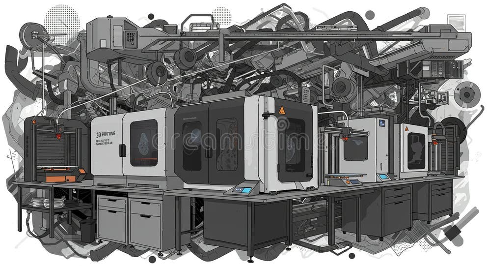 Industrial Scene Featuring Several Advanced 3D Printing Machines ...