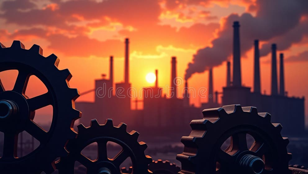 Industrial Scene at Sunset with Large Gears in the Foreground ...