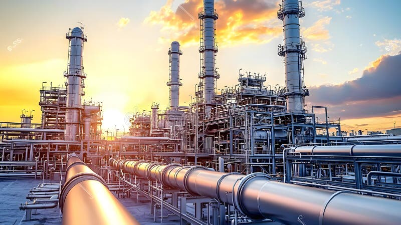 Industrial Scene at Sunset with Pipelines and Towers Stock Image ...