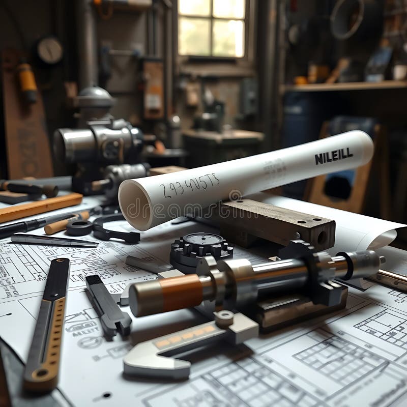 Industrial Scene with Various Milling Tools Blueprints and Calipers ...