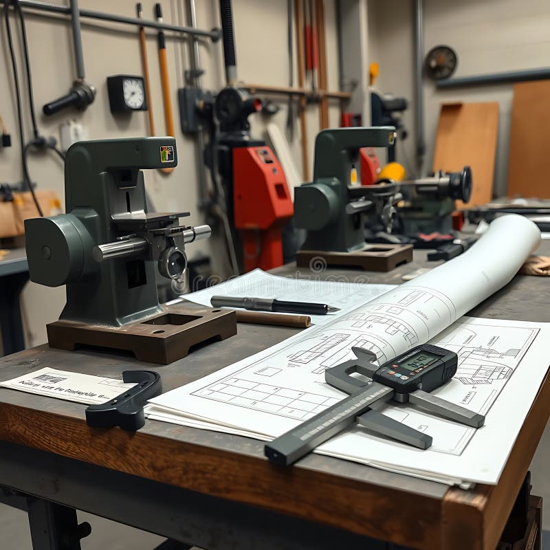 Industrial Scene with Various Milling Tools Blueprints and Calipers ...