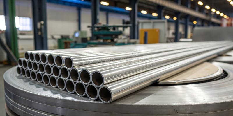 Industrial Setting Displays Processed Metal Pipes Arranged in a Neat ...