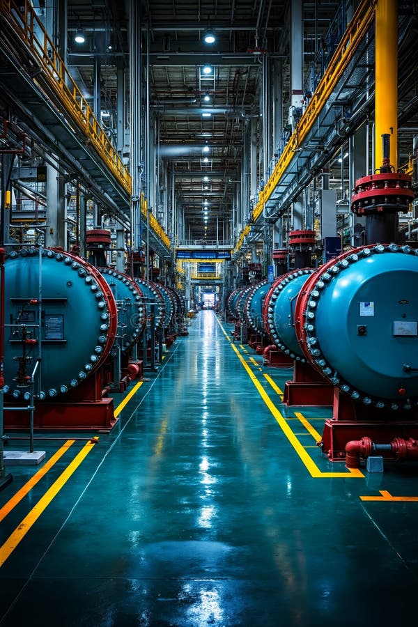 A Long Hallway in a Large Industrial Building with Lots of Pipes and ...